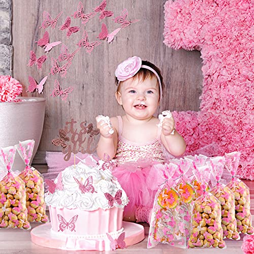 100 Pieces Butterflies Cellophane Goody Bags Plastic Butterfly Candy Bag Butterfly Treat Bags with 100 Pieces Silver Twist Ties for Butterfly Theme Baby Shower Birthday Party Dessert Decors (Pink)