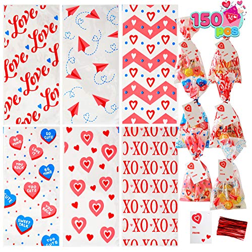 JOYIN 150 Pcs Valentine Gift Bags Long Cellophane Bags with Gift Cards and Twist Ties Valentine Goodies Bags for Valentines Day Party Favors Supplies