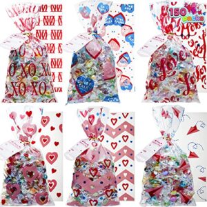 JOYIN 150 Pcs Valentine Gift Bags Long Cellophane Bags with Gift Cards and Twist Ties Valentine Goodies Bags for Valentines Day Party Favors Supplies