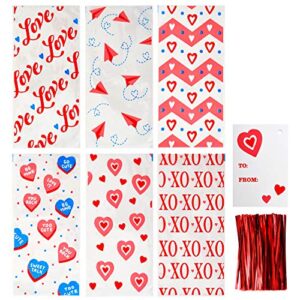 JOYIN 150 Pcs Valentine Gift Bags Long Cellophane Bags with Gift Cards and Twist Ties Valentine Goodies Bags for Valentines Day Party Favors Supplies