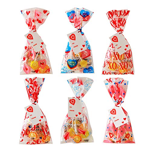 JOYIN 150 Pcs Valentine Gift Bags Long Cellophane Bags with Gift Cards and Twist Ties Valentine Goodies Bags for Valentines Day Party Favors Supplies