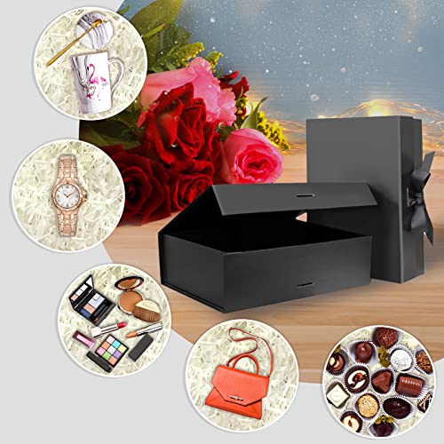 DaiUni 10.5"X7.5"X3.1" Black Magnetic Gift Box with Lid and Ribbon for Presents