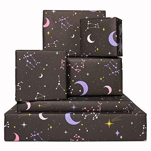 CENTRAL 23 Space Wrapping Paper - 6 Sheets of Gift Wrap - Black and Purple Wrap - Constellations and Galaxy Paper - Stars and Moon - Magic - Birthday Wraps For Girls Boys Women Men - Recyclable