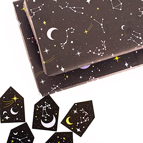 CENTRAL 23 Space Wrapping Paper - 6 Sheets of Gift Wrap - Black and Purple Wrap - Constellations and Galaxy Paper - Stars and Moon - Magic - Birthday Wraps For Girls Boys Women Men - Recyclable