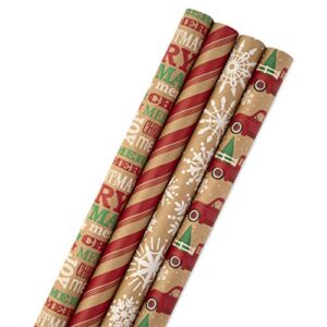 hallmark kraft christmas wrapping paper with cutlines on reverse (4 rolls: 88 sq. ft. ttl) red trucks, snowflakes, red stripes, merry christmas