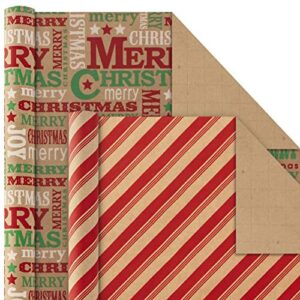 Hallmark Kraft Christmas Wrapping Paper with Cutlines on Reverse (4 Rolls: 88 sq. ft. ttl) Red Trucks, Snowflakes, Red Stripes, Merry Christmas