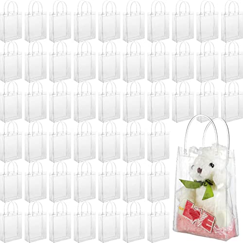 Clear PVC Gift Bags with Handles Reusable Plastic Wrap Tote Bags Transparent Shopping Bags for Christmas Party Favors Weddings Merchandise Retail Small Business, 9 x 6.7 x 2.6 Inches (50 Pieces)