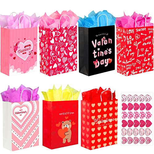 GITMIWS Valentines Day Paper Gift Bags - 28pcs Valentines Bags With Sticks,Sturdy Wrapping Kraft Bags with Handle for Valentines Party Supply, Valentines Gifts Packing