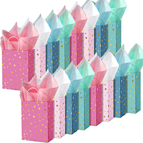 Pajean 16 Pieces Party Favor Bags with Handle Star Theme Kraft Paper Mini Gift Goodie Bags with 16 Tissues Party Supplies for Kids Birthday Wedding Bridal Baby Shower Crafts