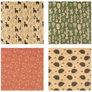 RUSPEPA Kraft Wrapping Paper Roll - Cactus/Strawberry/Alpaca/Hedgehog Printed Great for Congrats, Holiday and Special Occasion - 4 Roll - 30Inch X 10Feet Per Roll