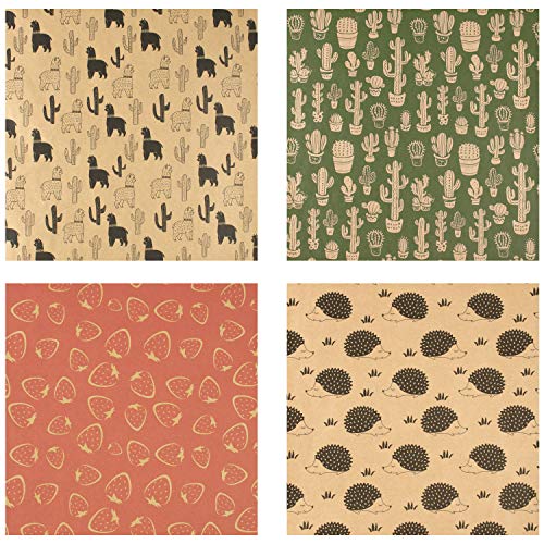 RUSPEPA Kraft Wrapping Paper Roll - Cactus/Strawberry/Alpaca/Hedgehog Printed Great for Congrats, Holiday and Special Occasion - 4 Roll - 30Inch X 10Feet Per Roll