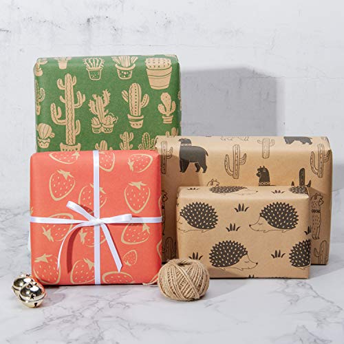 RUSPEPA Kraft Wrapping Paper Roll - Cactus/Strawberry/Alpaca/Hedgehog Printed Great for Congrats, Holiday and Special Occasion - 4 Roll - 30Inch X 10Feet Per Roll