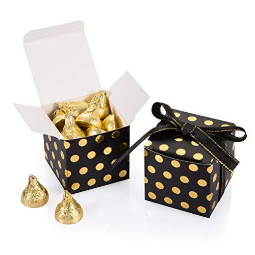 AWELL Black Gift Candy Box with Gold Dots Bulk 2x2x2 inches with Ribbon Party Favor Box, Gold Dots,Pack of 50