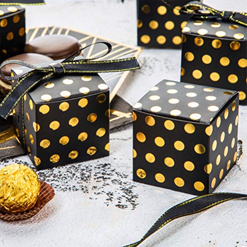 AWELL Black Gift Candy Box with Gold Dots Bulk 2x2x2 inches with Ribbon Party Favor Box, Gold Dots,Pack of 50