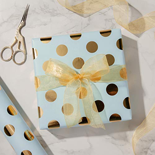 RUSPEPA Wrapping Paper Roll - Gold Foil Dots Baby Blue Background Design for Wedding, Birthday, Shower, Congrats, and Holiday - 30 inches x 32.8 feet