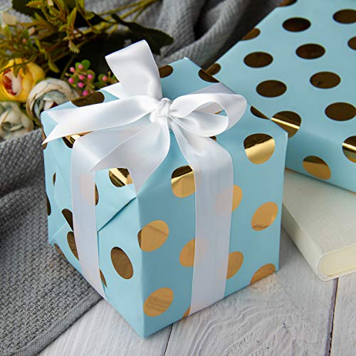 RUSPEPA Wrapping Paper Roll - Gold Foil Dots Baby Blue Background Design for Wedding, Birthday, Shower, Congrats, and Holiday - 30 inches x 32.8 feet