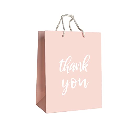 12 Pack Thank You Gift Bags - Elegant Pink Paper Gift Bags With ‘’Thank You’’ Embossed In Silver Foil Letters - Perfect For Birthday Party, Bridal Shower, Baby Shower, Paper Favor Bags 4"x 7"x 9" Inches