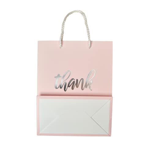 12 Pack Thank You Gift Bags - Elegant Pink Paper Gift Bags With ‘’Thank You’’ Embossed In Silver Foil Letters - Perfect For Birthday Party, Bridal Shower, Baby Shower, Paper Favor Bags 4"x 7"x 9" Inches