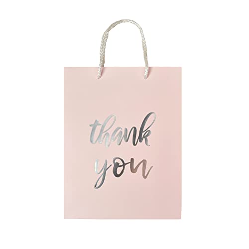 12 Pack Thank You Gift Bags - Elegant Pink Paper Gift Bags With ‘’Thank You’’ Embossed In Silver Foil Letters - Perfect For Birthday Party, Bridal Shower, Baby Shower, Paper Favor Bags 4"x 7"x 9" Inches