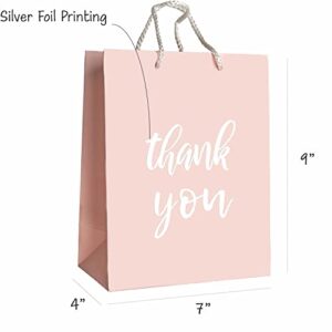 12 Pack Thank You Gift Bags - Elegant Pink Paper Gift Bags With ‘’Thank You’’ Embossed In Silver Foil Letters - Perfect For Birthday Party, Bridal Shower, Baby Shower, Paper Favor Bags 4"x 7"x 9" Inches