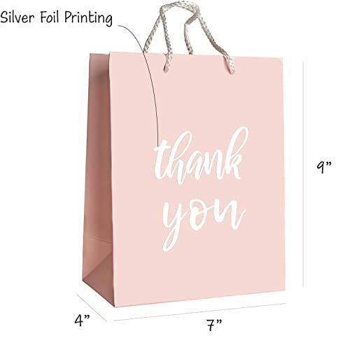 12 Pack Thank You Gift Bags - Elegant Pink Paper Gift Bags With ‘’Thank You’’ Embossed In Silver Foil Letters - Perfect For Birthday Party, Bridal Shower, Baby Shower, Paper Favor Bags 4"x 7"x 9" Inches