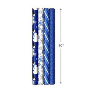 Image Arts Blue Christmas Wrapping Paper with Cut Lines on Reverse (4 Rolls: 120 sq. ft. ttl) Snowmen, Snowflakes, Blue and White Stripes