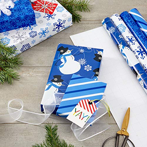 Image Arts Blue Christmas Wrapping Paper with Cut Lines on Reverse (4 Rolls: 120 sq. ft. ttl) Snowmen, Snowflakes, Blue and White Stripes