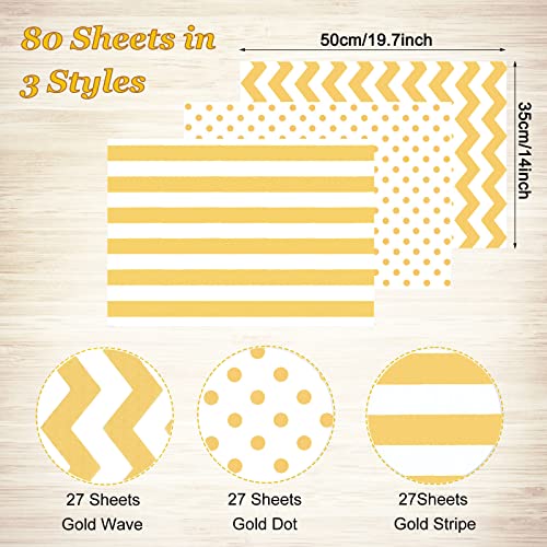 80 Sheets Gold White Tissue Paper Bulk - Artdly 14"x20" Metallic Tissue Paper Gift Wrap Paper Set with Stripe, Polka Dot, Wave Gold Design Patterned for Birthday, Graduation, DIY and Craft, Gift Bags