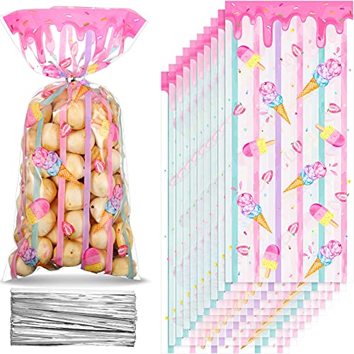 Geyee 100 Pieces Ice Cream Treat Bags, Watercolor Ice Cream Theme Cello Plastic Candy Goodie Bag with 100 Silver Twist Ties for Kid Summer Sweet Baby Shower Birthday Party Favor Bag, Clear