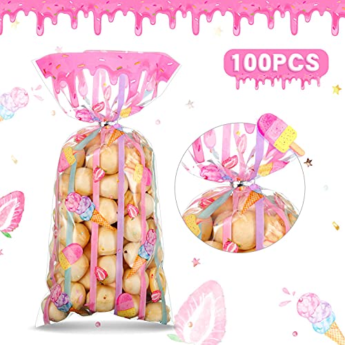 Geyee 100 Pieces Ice Cream Treat Bags, Watercolor Ice Cream Theme Cello Plastic Candy Goodie Bag with 100 Silver Twist Ties for Kid Summer Sweet Baby Shower Birthday Party Favor Bag, Clear