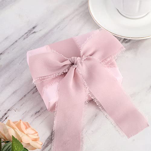 SHUNSTONE Mixed Pink Chiffon Ribbon Fringe Silk Ribbon 1.5" x 7Yd Dusty Rose Mauve Ribbon for Gift Wrap, Wedding Decoration, Invitation, Greeting Card, Bridal Bouquet, DIY Craft (3 Rolls 21 Yards)