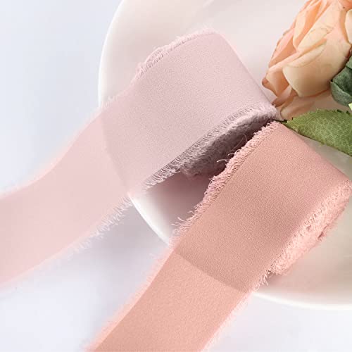 SHUNSTONE Mixed Pink Chiffon Ribbon Fringe Silk Ribbon 1.5" x 7Yd Dusty Rose Mauve Ribbon for Gift Wrap, Wedding Decoration, Invitation, Greeting Card, Bridal Bouquet, DIY Craft (3 Rolls 21 Yards)