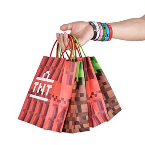 Gatherfun 16 Pack Pixel Miner Kraft Paper Gift Bags with Handle, 16 Pack Miner Crafting Style Silicone Bracelets for Mining Themed Party Video Game Party Birthday Party Decorations for Kids and Adults