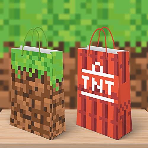 Gatherfun 16 Pack Pixel Miner Kraft Paper Gift Bags with Handle, 16 Pack Miner Crafting Style Silicone Bracelets for Mining Themed Party Video Game Party Birthday Party Decorations for Kids and Adults