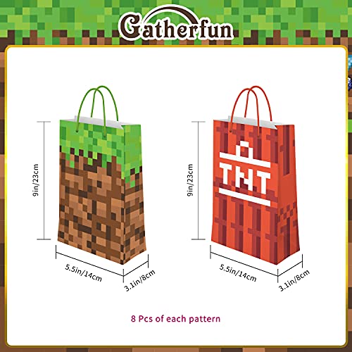 Gatherfun 16 Pack Pixel Miner Kraft Paper Gift Bags with Handle, 16 Pack Miner Crafting Style Silicone Bracelets for Mining Themed Party Video Game Party Birthday Party Decorations for Kids and Adults