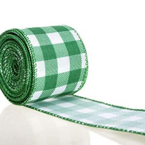 ATRBB Green and White Buffalo Plaid Ribbon Wired Edge Gingham Ribbon for St Patrick's Day Decoration and Bows Craft,10 Yards by 2.5 Inches