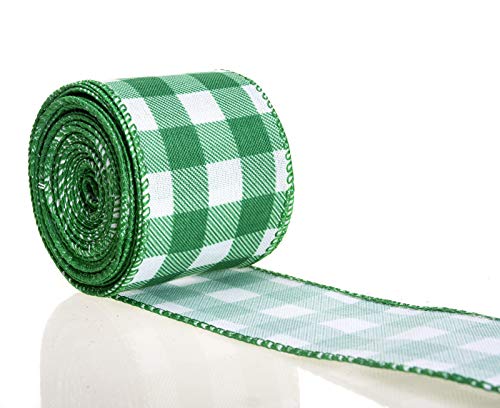 ATRBB Green and White Buffalo Plaid Ribbon Wired Edge Gingham Ribbon for St Patrick's Day Decoration and Bows Craft,10 Yards by 2.5 Inches