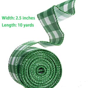 ATRBB Green and White Buffalo Plaid Ribbon Wired Edge Gingham Ribbon for St Patrick's Day Decoration and Bows Craft,10 Yards by 2.5 Inches