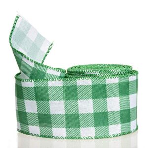 ATRBB Green and White Buffalo Plaid Ribbon Wired Edge Gingham Ribbon for St Patrick's Day Decoration and Bows Craft,10 Yards by 2.5 Inches