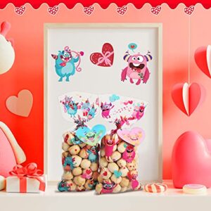 Funrous 180 Pieces Valentines Cellophane Candy Bags Bulk Valentine's Day Plastic Cello Goodie Bags Heart Tag with Twist Ties Valentine Theme Party Supplies for Kids Party Favor Candy Treat Warp