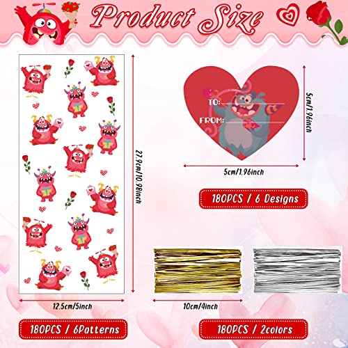 Funrous 180 Pieces Valentines Cellophane Candy Bags Bulk Valentine's Day Plastic Cello Goodie Bags Heart Tag with Twist Ties Valentine Theme Party Supplies for Kids Party Favor Candy Treat Warp