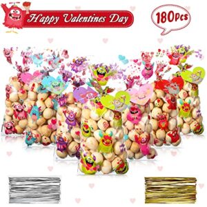 Funrous 180 Pieces Valentines Cellophane Candy Bags Bulk Valentine's Day Plastic Cello Goodie Bags Heart Tag with Twist Ties Valentine Theme Party Supplies for Kids Party Favor Candy Treat Warp