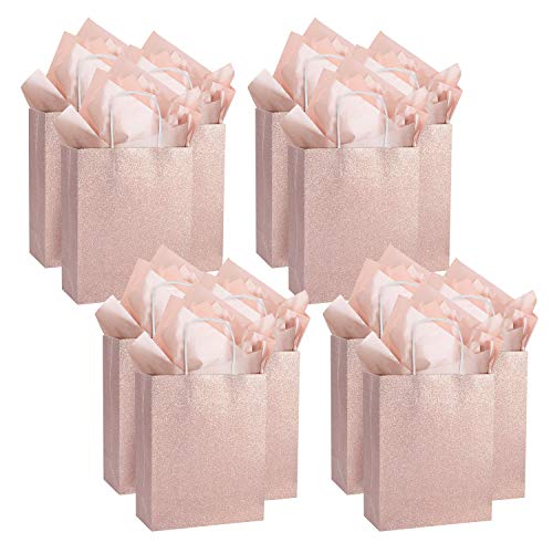 UNIQOOO 12 Pack 9.5" Rose Gold Pink Glitter Kraft Paper Gift Bags For Wedding | Thank You Bag Favor Bags For Bridal Shower, Baby Shower, Valentine's Day, Holidays, Anniversaries, Parties