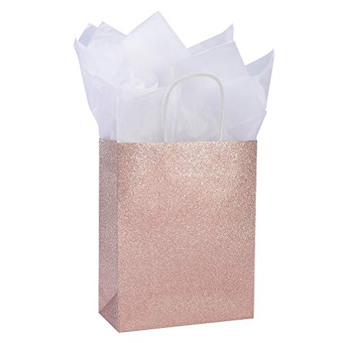 UNIQOOO 12 Pack 9.5" Rose Gold Pink Glitter Kraft Paper Gift Bags For Wedding | Thank You Bag Favor Bags For Bridal Shower, Baby Shower, Valentine's Day, Holidays, Anniversaries, Parties