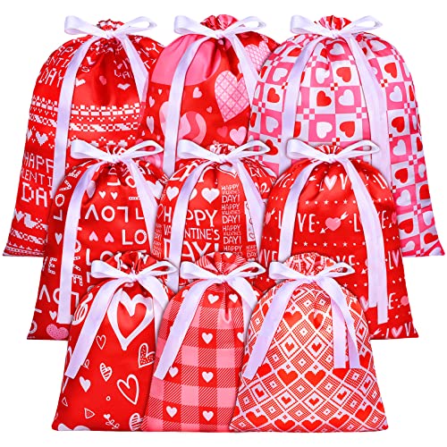 Fovths 9 Pack Large Valentines Gift Bags with Drawstring Satin Fabric Gift Wrapping Bags Bulk for Valentines Day Gifts Anniversaries Treats and Party Favors (3 Assorted Size)