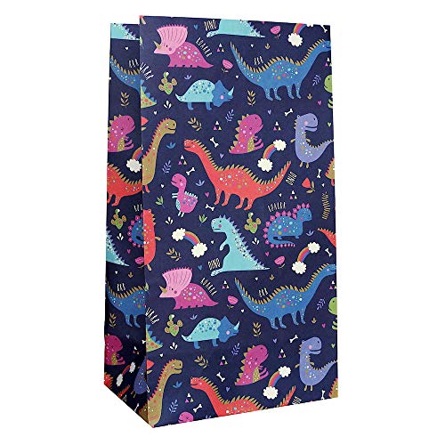 Dinosaur Favor Bags - 24-Count Colorful Cute Dinosaur Pattern Design Printed on Dark Blue Kraft Paper Goodie Gift Bags - Dino Party Supplies for Dinosaur Theme Birthday Party - 9.5" x 5.5" x 3.25"