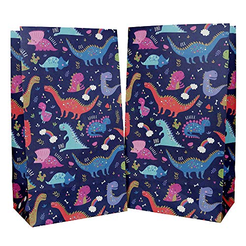 Dinosaur Favor Bags - 24-Count Colorful Cute Dinosaur Pattern Design Printed on Dark Blue Kraft Paper Goodie Gift Bags - Dino Party Supplies for Dinosaur Theme Birthday Party - 9.5" x 5.5" x 3.25"