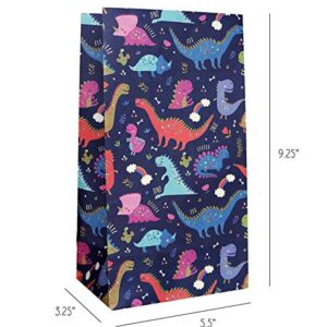 Dinosaur Favor Bags - 24-Count Colorful Cute Dinosaur Pattern Design Printed on Dark Blue Kraft Paper Goodie Gift Bags - Dino Party Supplies for Dinosaur Theme Birthday Party - 9.5" x 5.5" x 3.25"