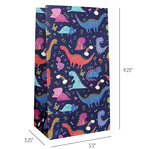 Dinosaur Favor Bags - 24-Count Colorful Cute Dinosaur Pattern Design Printed on Dark Blue Kraft Paper Goodie Gift Bags - Dino Party Supplies for Dinosaur Theme Birthday Party - 9.5" x 5.5" x 3.25"