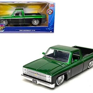 1985 Chevy C10 Pickup Truck Lowrider Green Metallic and Black Street Low Series 1/24 Diecast Model Car by Jada 34311